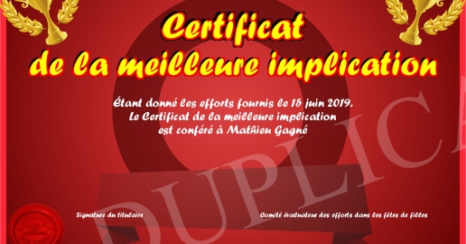 Certificat de la meilleure implication