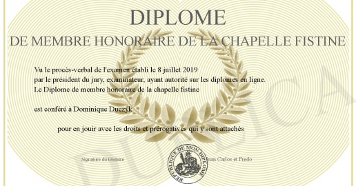 Diplome de membre honoraire de la chapelle fistine