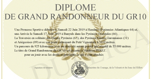 Diplome de Grand Randonneur DU GR10