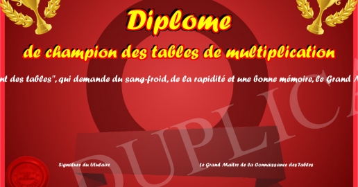 Diplome de champion des tables de multiplication