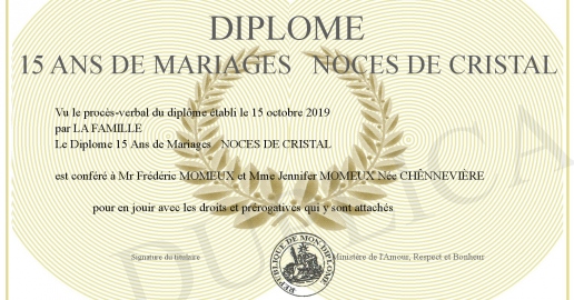 Diplome 15 Ans de Mariages NOCES DE CRISTAL