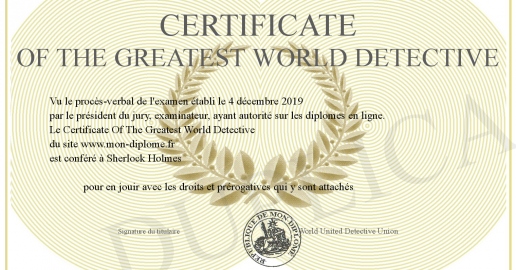 Certificate Of The Greatest World Detective