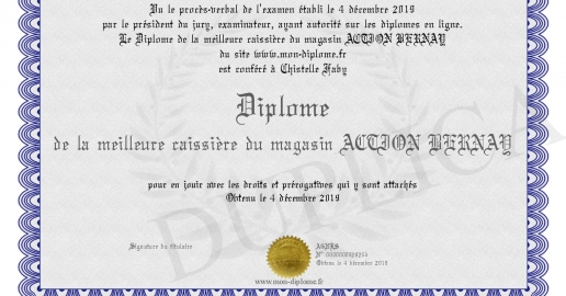 Diplome de la meilleure caissiere du magasin ACTION BERNAY