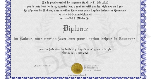 Diplome du Kokeur avec mention Excellence pour l option lecheur de Coucoune