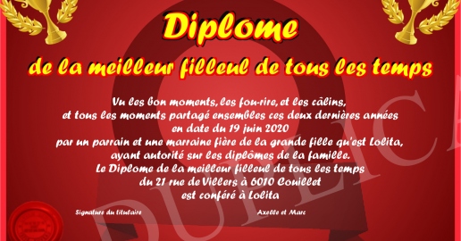 Diplome de la meilleur filleul de tous les temps