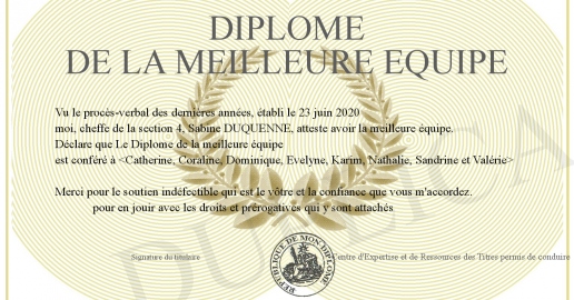 Diplome de la meilleure equipe